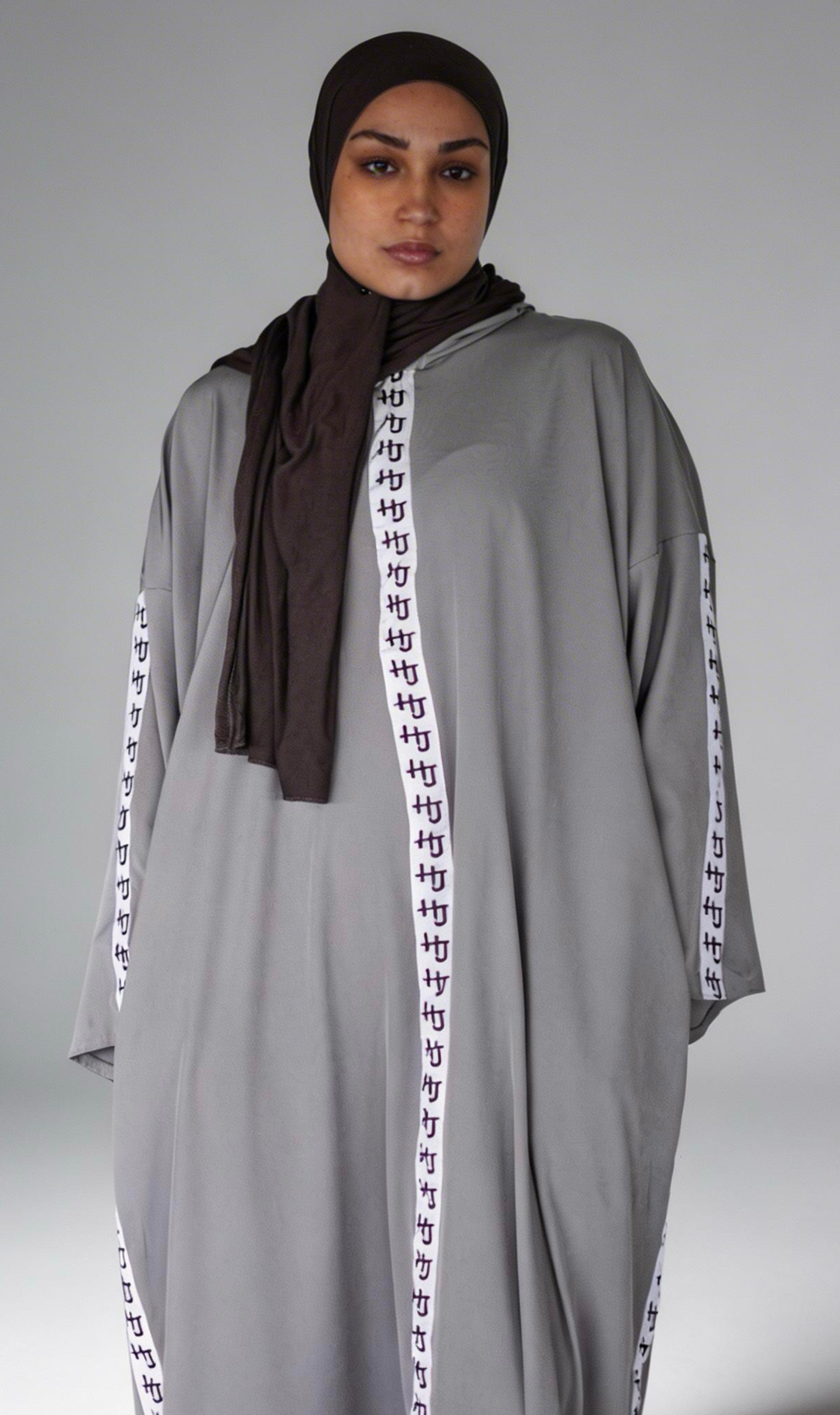 Grey Taped Abaya | Lightweight Hooded Abaya with Pockets – HOODJABI